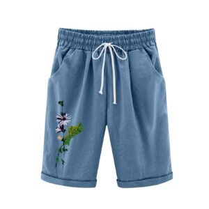 dressy summer 2023 women graphic print cotton linen shorts fashion casual new fitted bermuda shorts knee length shorts