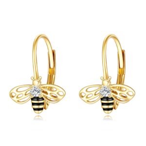 kecho 14k yellow gold honey bee leverback earrings for women, fine gold jewelry gifts for her (bee leverback)