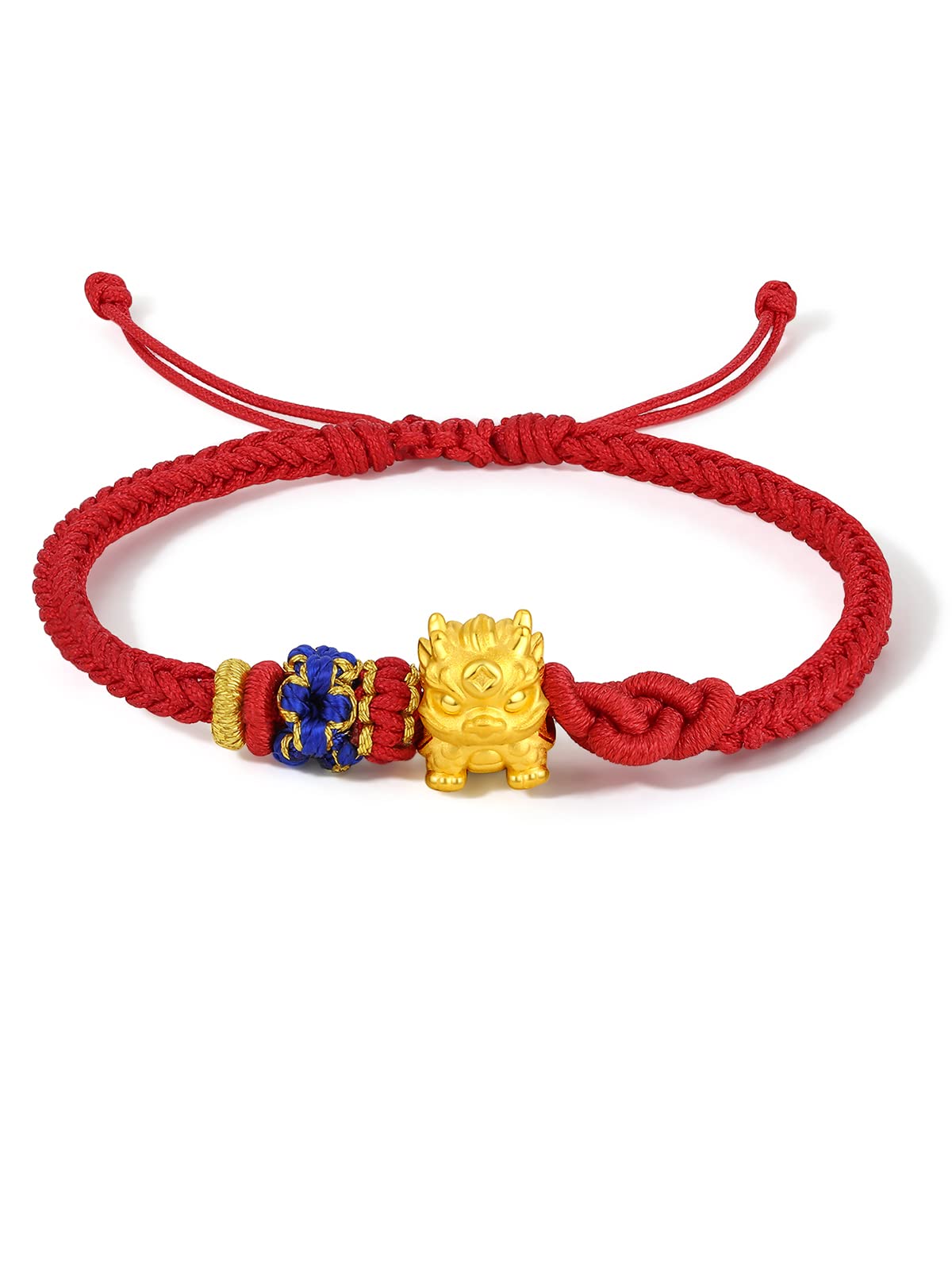 ZHOU LIU FU 24K Solid Gold Bracelet for Women, Real Pure Gold Jewelry Dainty Fortune Pixiu Ball Dragon Turtle Adjustable Red Black Braided Bracelet for Men Girlfriend