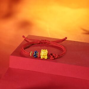 ZHOU LIU FU 24K Solid Gold Bracelet for Women, Real Pure Gold Jewelry Dainty Fortune Pixiu Ball Dragon Turtle Adjustable Red Black Braided Bracelet for Men Girlfriend