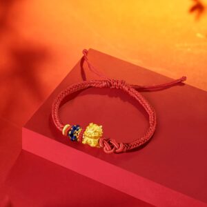 ZHOU LIU FU 24K Solid Gold Bracelet for Women, Real Pure Gold Jewelry Dainty Fortune Pixiu Ball Dragon Turtle Adjustable Red Black Braided Bracelet for Men Girlfriend