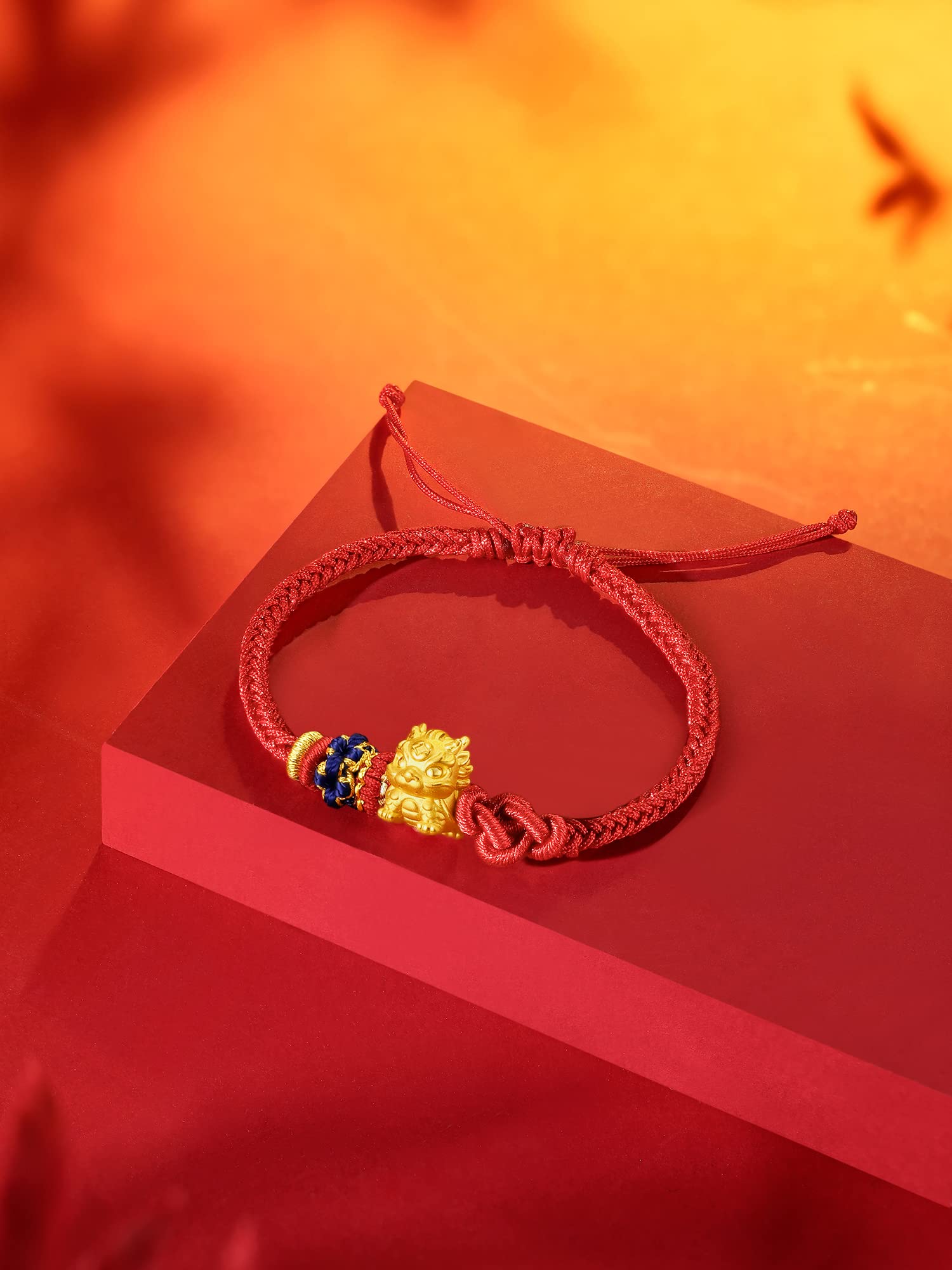 ZHOU LIU FU 24K Solid Gold Bracelet for Women, Real Pure Gold Jewelry Dainty Fortune Pixiu Ball Dragon Turtle Adjustable Red Black Braided Bracelet for Men Girlfriend