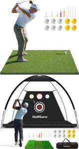 golfguru 5x4ft pro artificial turf golf mat + golfguru all in 1 golf practice net with xl tri-turf golf hitting mat