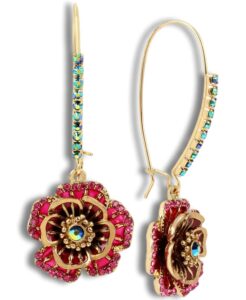 zeshops rose dangle earrings with mixed stone accents, gold-tone metal trendy and unique women's fashion earrings