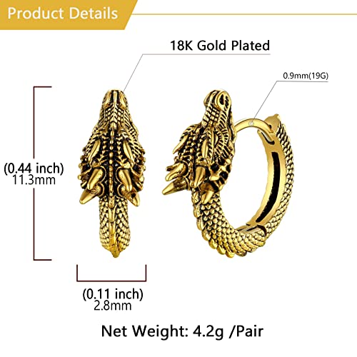 Huggie Stud Earrings for Men Women 18K Gold Plated Stainless Steel Punk Rock Dragon Earings