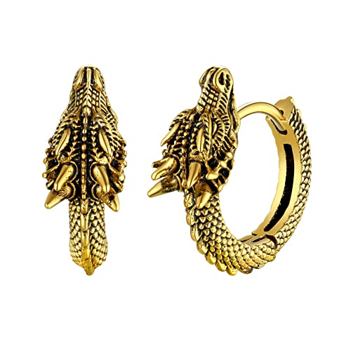 Huggie Stud Earrings for Men Women 18K Gold Plated Stainless Steel Punk Rock Dragon Earings