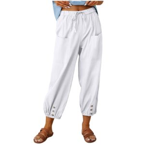 sunyuan elastic tie-up waist women's trouses comfy cotton and linen ninth pants with pockets summer casual button front pants white