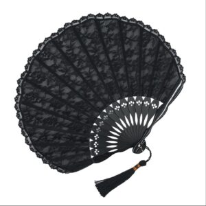 zaego chinese fan black embroidery shell-shaped lace cheongsam folding fan dance ancient style small round fan japanese fan