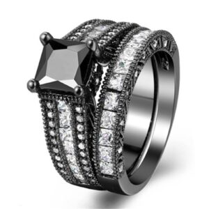 AIMAOMI 2pcs Women Engagement Ring Set Cubic Zirconia Bridal Wedding Band Square Cut Simulated Diamond Ring (Black, 10)