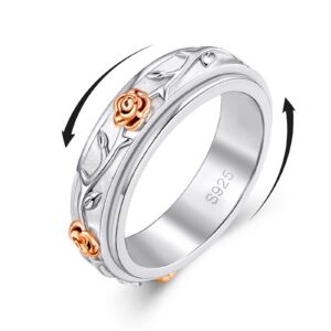 bellna fidget ring 925 sterling silver anxiety relieve spinner rings rose flower sunflower band ring adhd autism stress relieving for women men (rose & love, 5.5)