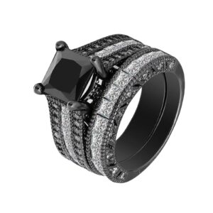 aimaomi 2pcs women engagement ring set cubic zirconia bridal wedding band square cut simulated diamond ring (black, 10)