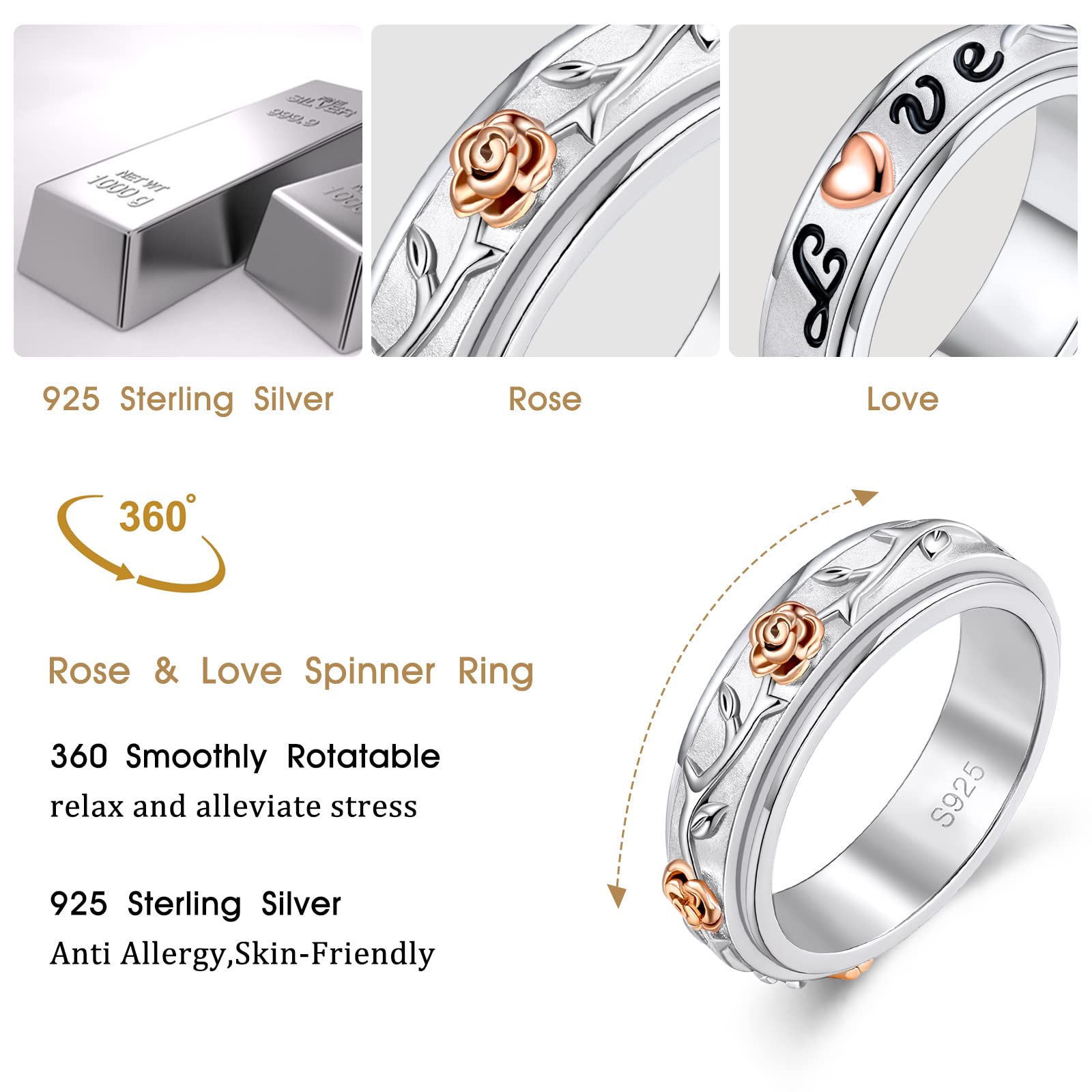 BELLNA Fidget Ring 925 Sterling Silver Anxiety Relieve Spinner Rings Rose Flower Sunflower Band Ring ADHD Autism Stress Relieving for Women Men (Rose & Love, 5.5)