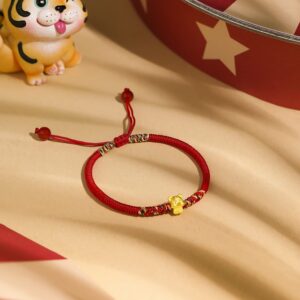 ZHOU LIU FU 24K Solid Gold Bracelet, Real Pure Gold Jewelry Charm Red Braided Bracelets Dainty Lucky Chinese Zodiac Tiger Ruyi Ingot Chain for Women Men Girlfriend