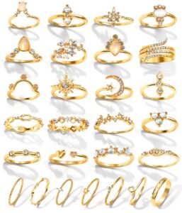 17if 27 pcs gold boho sparkle knuckle rings set for women, vintage fashion aesthetic trendy joint snake ring pack, retro pink rhinestone assorted moon star crystal love leaf diamond pearl jewelry