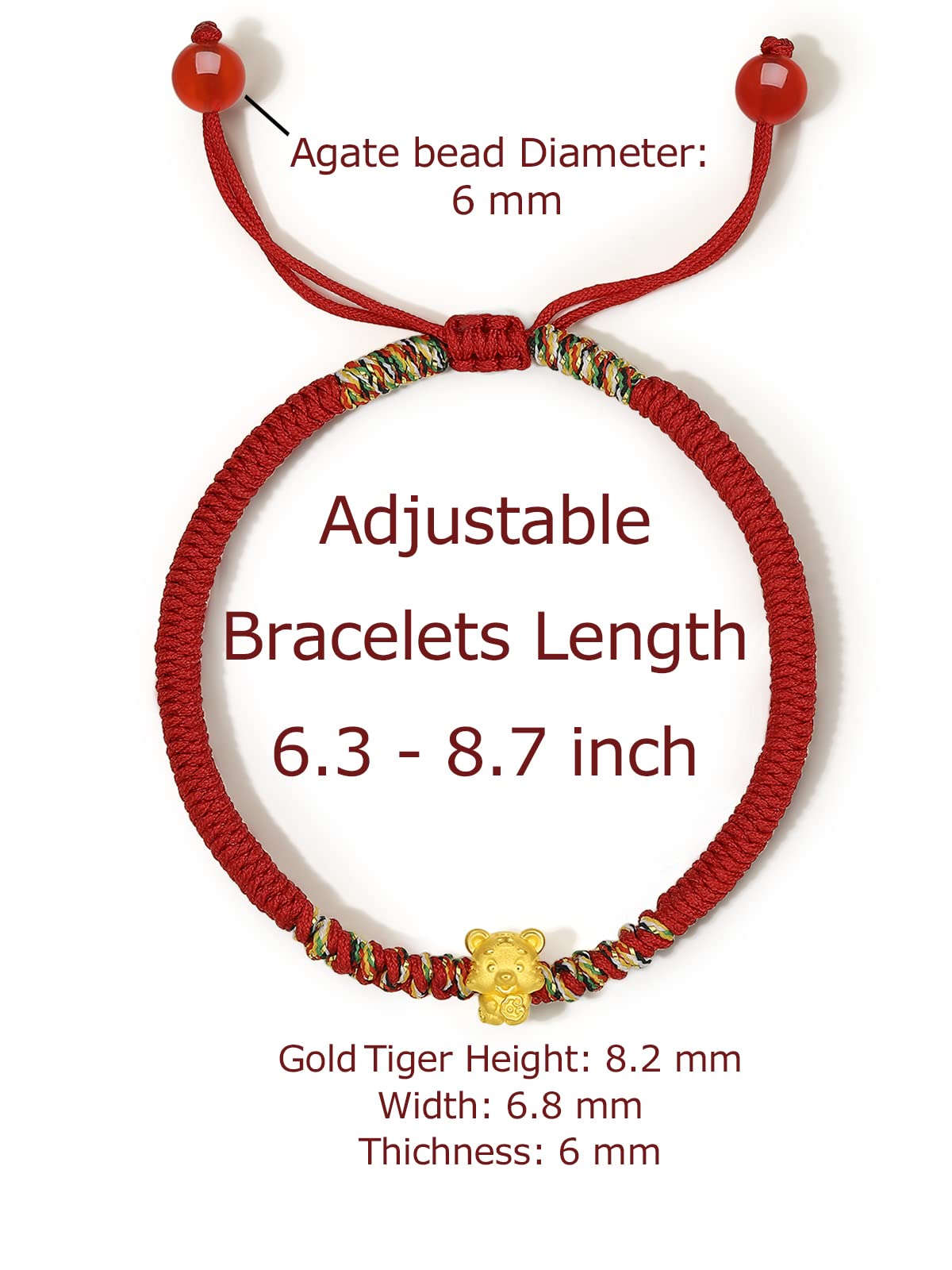 ZHOU LIU FU 24K Solid Gold Bracelet, Real Pure Gold Jewelry Charm Red Braided Bracelets Dainty Lucky Chinese Zodiac Tiger Ruyi Ingot Chain for Women Men Girlfriend