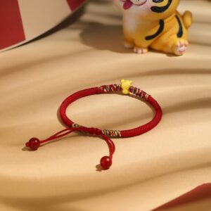 ZHOU LIU FU 24K Solid Gold Bracelet, Real Pure Gold Jewelry Charm Red Braided Bracelets Dainty Lucky Chinese Zodiac Tiger Ruyi Ingot Chain for Women Men Girlfriend