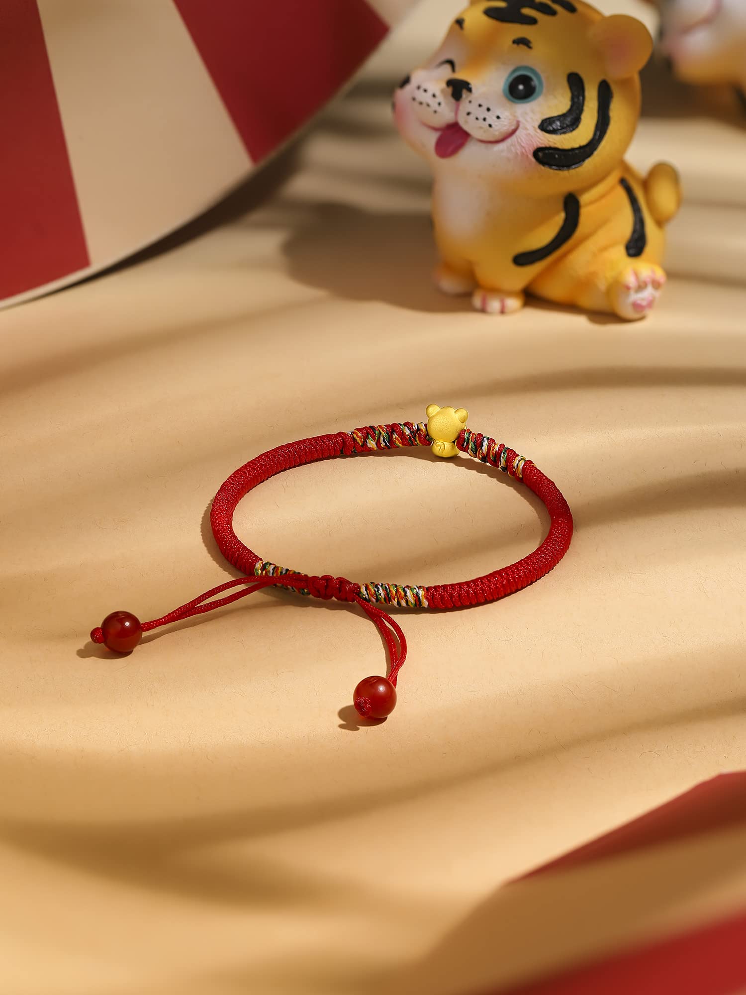 ZHOU LIU FU 24K Solid Gold Bracelet, Real Pure Gold Jewelry Charm Red Braided Bracelets Dainty Lucky Chinese Zodiac Tiger Ruyi Ingot Chain for Women Men Girlfriend