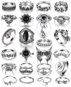 26 pcs vintage silver goth ring set for women punk boho stackable finger knuckle ring pack gothic chunky aesthetic grunge adjustable animal devil skull angel crying eye emo retro sparkle crystal rings