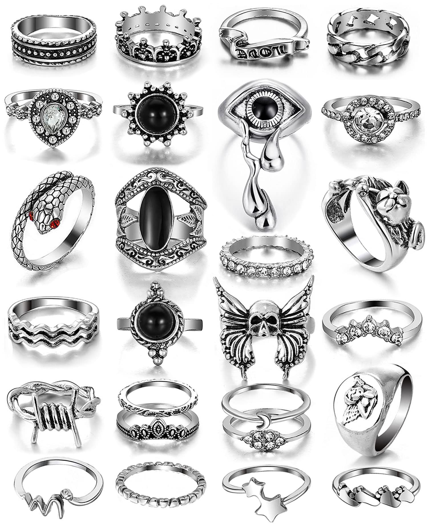 26 PCS Vintage Silver Goth Ring Set for Women Punk Boho Stackable Finger Knuckle Ring Pack Gothic Chunky Aesthetic Grunge adjustable Animal Devil Skull Angel Crying Eye Emo Retro Sparkle Crystal Rings