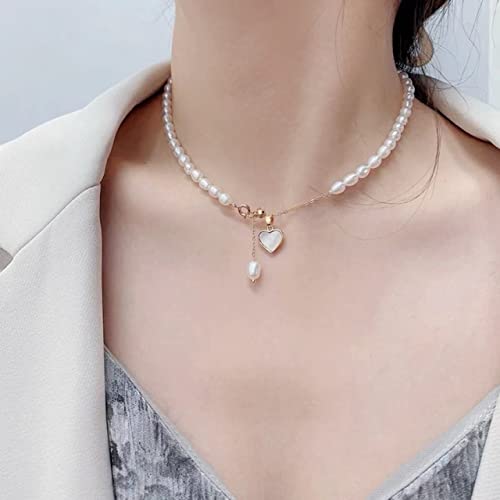 Pearl Necklace for Women, Love Heart Pendant Freshwater Pearl Necklace, 18K Gold-Plated Vintage Literary Pearl Necklace, Valentine Gift Women Jewelry