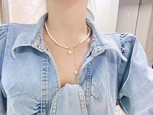 Pearl Necklace for Women, Love Heart Pendant Freshwater Pearl Necklace, 18K Gold-Plated Vintage Literary Pearl Necklace, Valentine Gift Women Jewelry