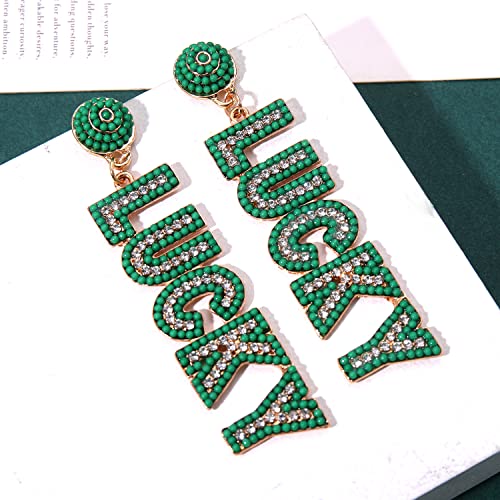 ANGLESJELL St.Patrick’s Day Earrings Green Shamrock Earring for Women Glitter Rhinestone Letter LUCKY Earrings Irish Holiday Jewelry Gifts (Lucky 1)