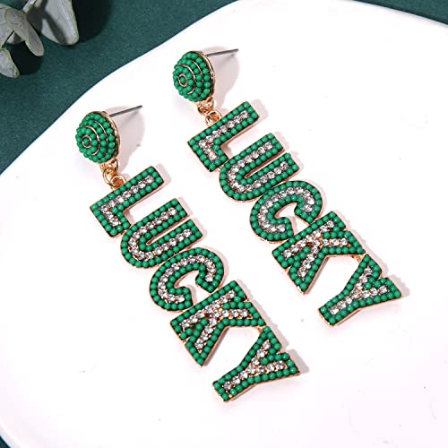 ANGLESJELL St.Patrick’s Day Earrings Green Shamrock Earring for Women Glitter Rhinestone Letter LUCKY Earrings Irish Holiday Jewelry Gifts (Lucky 1)