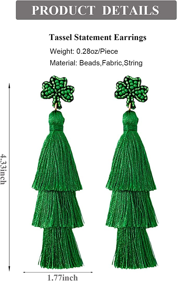 St Patricks Day Handmade Beaded Earrings Shamrock Clover Tassel Statement Earrings Women Lady Fashion Dangle Drop Earrings Jewelry