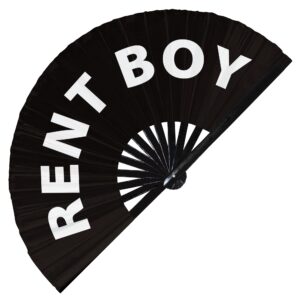 rent boy hand fan foldable bamboo circuit hand fan funny gag slang words expressions statement gifts festival accessories rave handheld circuit event fan clack fans (black)