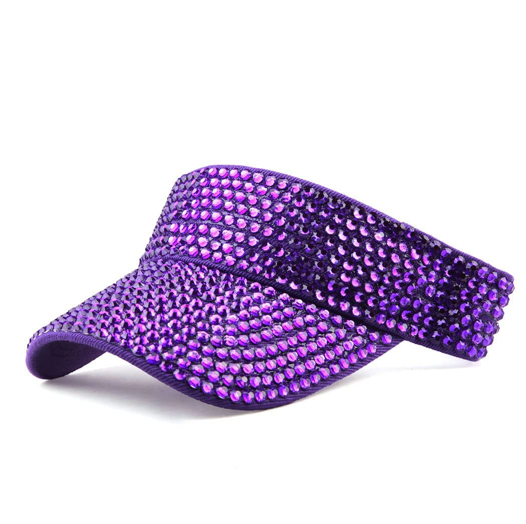 Shiny Rhinestone Sport Sun Visor Hat Adjustable Summer Cap for Women Men Golf Tennis Cycling Running Jogging Violet