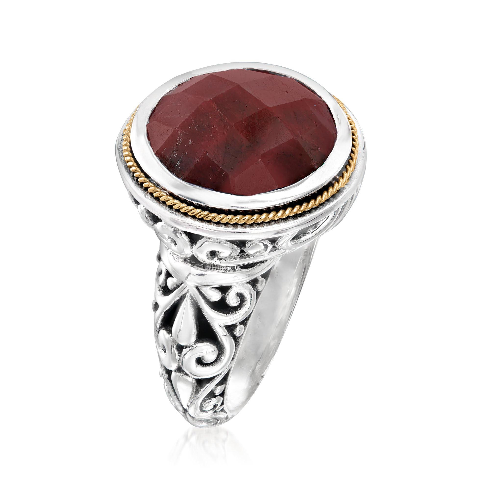 Ross-Simons 15.00 Carat Ruby Bali-Style Ring in Sterling Silver With 18kt Yellow Gold. Size 7