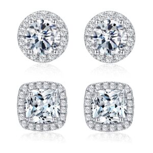 18k white gold plated stud earrings round square cut cubic zirconia halo earrings for women men sensitive ears (2 pairs)