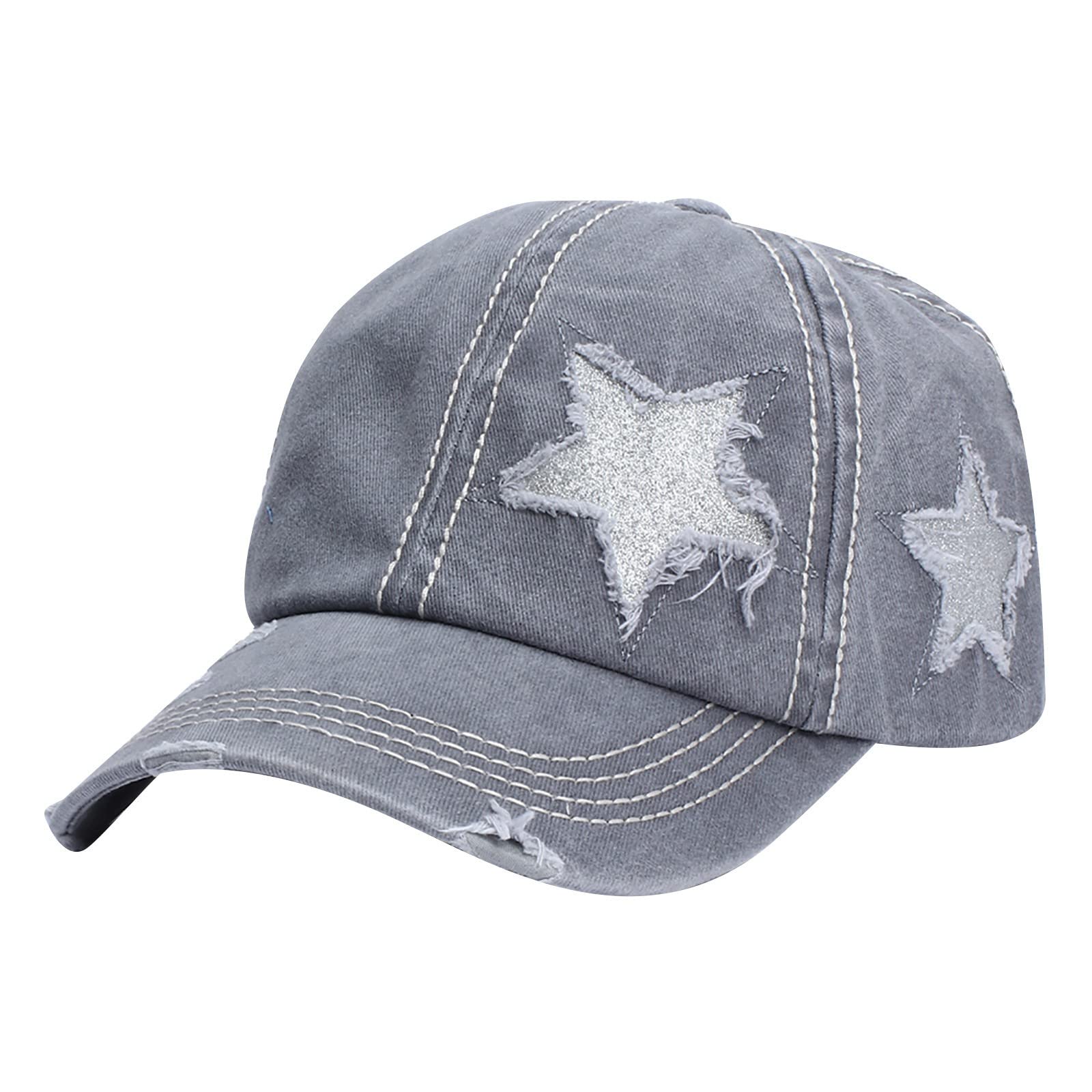 Women Star Sequins Baseball Caps Relaxed Adjustable Ponytail Messy Buns Ponycaps Backless Worn Holes (Grey, One Size)