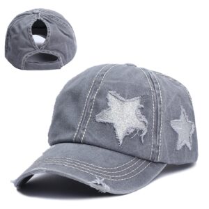 Women Star Sequins Baseball Caps Relaxed Adjustable Ponytail Messy Buns Ponycaps Backless Worn Holes (Grey, One Size)