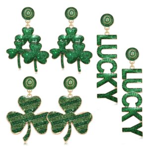 vogueknock st patricks day earrings glitter green leaf lucky earrings for women sparky shamrock clover drop dangle earrings irish holiday party jewelry gifts (green lucky shamrock)