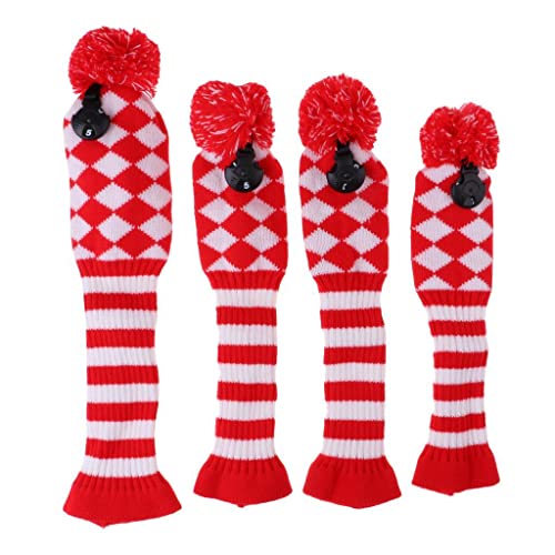 pistro 4Pcs Pom Pom Knit Headcover Long Neck Driver - Red