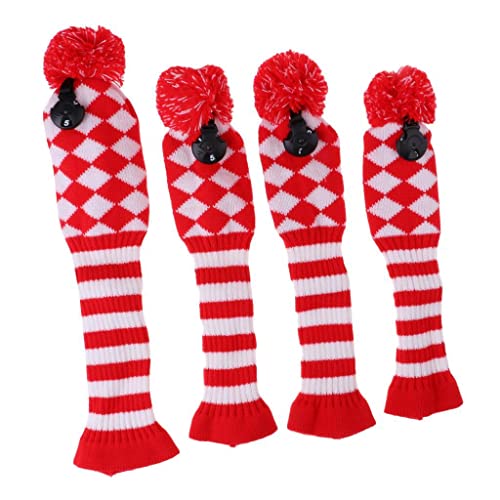 pistro 4Pcs Pom Pom Knit Headcover Long Neck Driver - Red