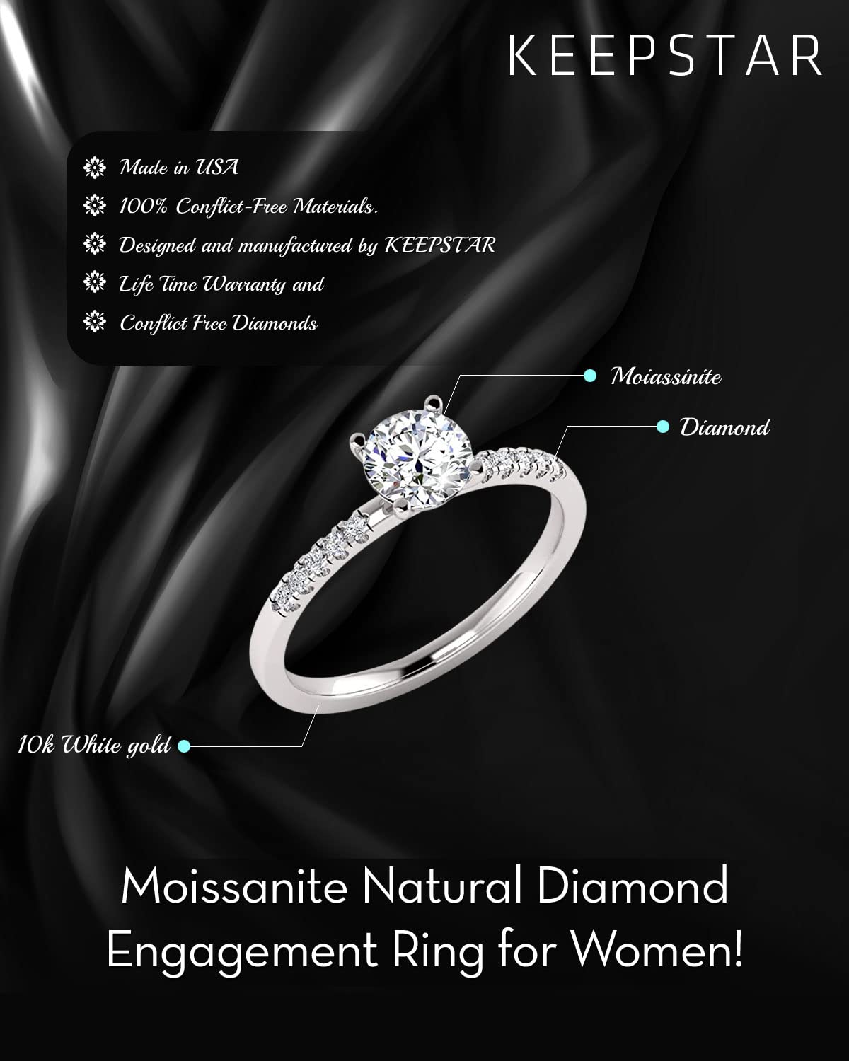 1.00 Carat TW Women's Moissanite and Natural Diamonds Engagement Ring in 10k White Gold, Size 9