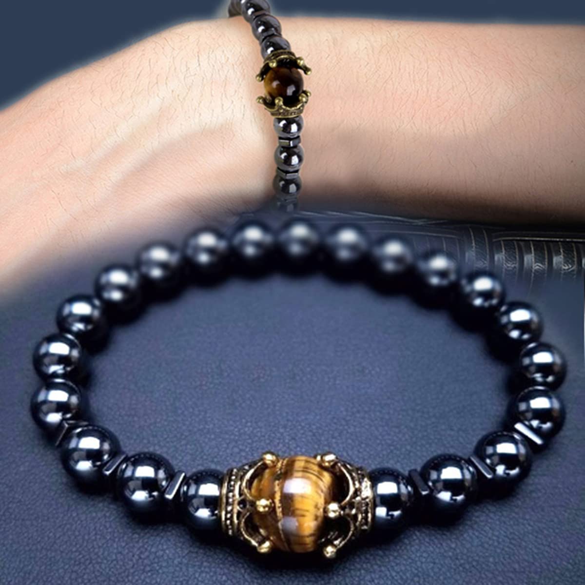 Hematite Stone Bracelets for Men Women, Natural Healing Crystal Beads Bracelet for Protection, Good Luck (Black gallstone)