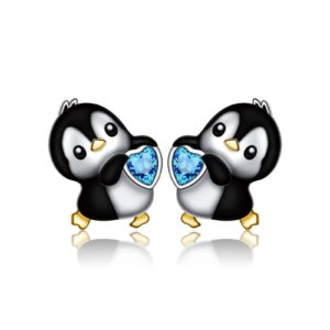 925 sterling silver cute animal gold plated black penguin hold blue heart cz stud earrings for women daughter birthday earrings penguin lover