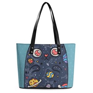 womens handbag planet moon space cat leather tote bag top handle satchel bags for lady