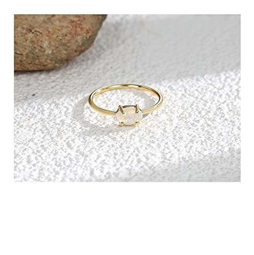 Dainty Opal Promise Band Ring for Women 14K Gold Plated Cute Oval White Fire Opal Birthstone Statement Stackable Finger Rings Comfort Fit Fashion Birthday Wedding Holiday Mother's Day Jewelry Gift (8)