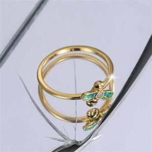 CZ Bee Promise Band Ring for Women 14K Gold Plated Dainty Cute Crystal Blue Green Bumblebee Honeybee Statement Stackable Finger Rings Comfort Fit Fashion Birthday Wedding Holiday Jewelry Gift Size 8