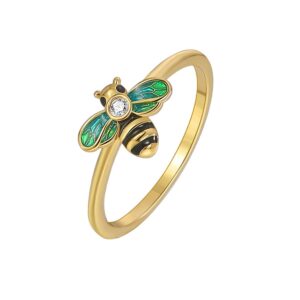 cz bee promise band ring for women 14k gold plated dainty cute crystal blue green bumblebee honeybee statement stackable finger rings comfort fit fashion birthday wedding holiday jewelry gift size 8