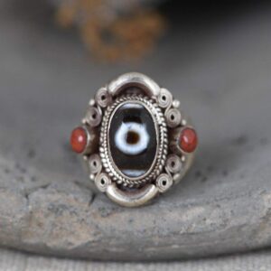 925 sterling silver ring,adjustable ring vintage ethnic dzi bead agate inlaid open ring tribal civilization orment persolity avant-garde fashion jewelry gift