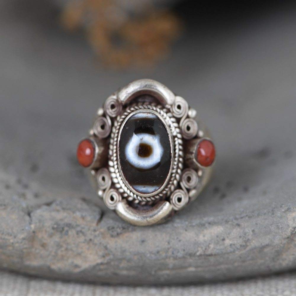 925 Sterling Silver Ring,Adjustable Ring Vintage Ethnic Dzi Bead Agate Inlaid Open Ring Tribal Civilization Orment Persolity Avant-Garde Fashion Jewelry Gift