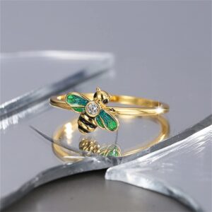 CZ Bee Promise Band Ring for Women 14K Gold Plated Dainty Cute Crystal Blue Green Bumblebee Honeybee Statement Stackable Finger Rings Comfort Fit Fashion Birthday Wedding Holiday Jewelry Gift Size 8