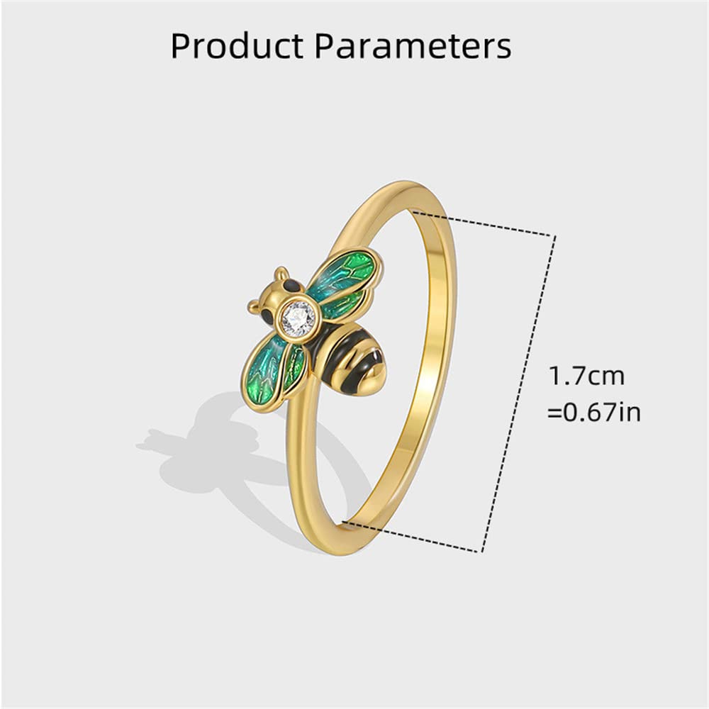 CZ Bee Promise Band Ring for Women 14K Gold Plated Dainty Cute Crystal Blue Green Bumblebee Honeybee Statement Stackable Finger Rings Comfort Fit Fashion Birthday Wedding Holiday Jewelry Gift Size 8