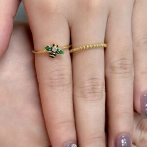 CZ Bee Promise Band Ring for Women 14K Gold Plated Dainty Cute Crystal Blue Green Bumblebee Honeybee Statement Stackable Finger Rings Comfort Fit Fashion Birthday Wedding Holiday Jewelry Gift Size 8