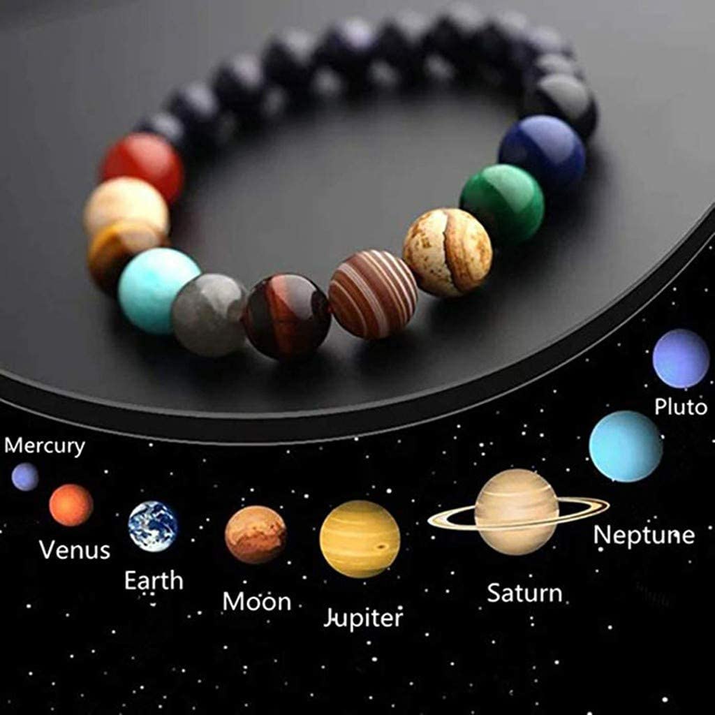 PISAME Natural stone bracelet, creative solar energy system, 8 star theme beaded rope, adjustable (black, one size)